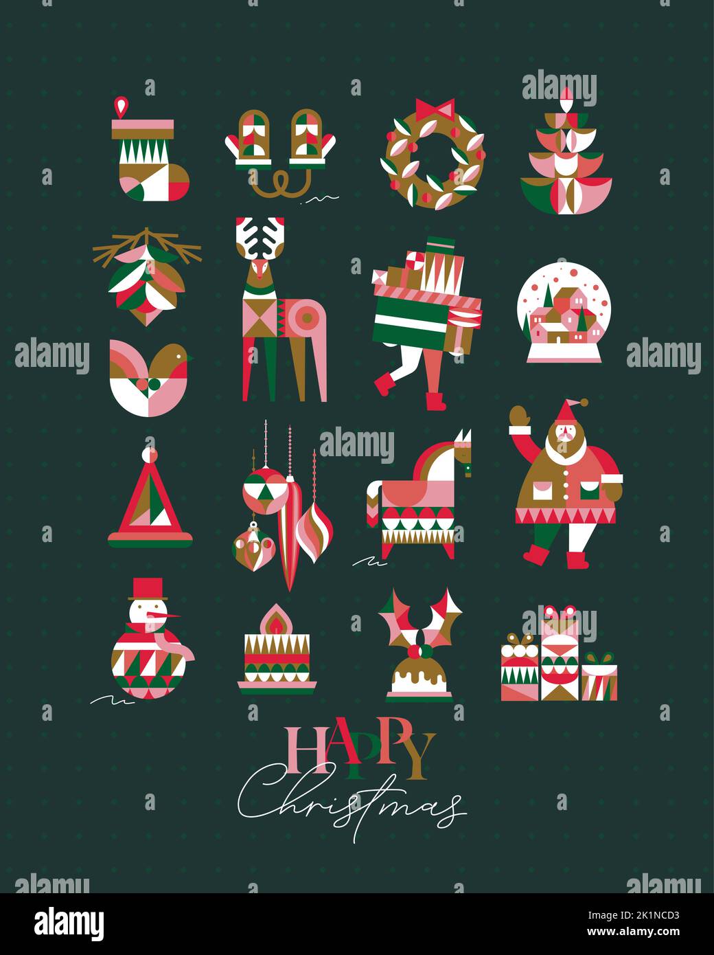 Set of Christmas symbols in cubism style sock, gloves, wreath, tree ...