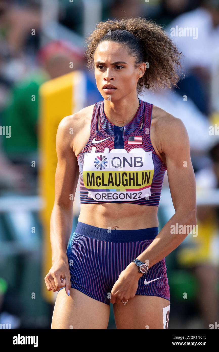 Sydney McLaughlin of the USA competing in the women’s 400m hurdles at ...