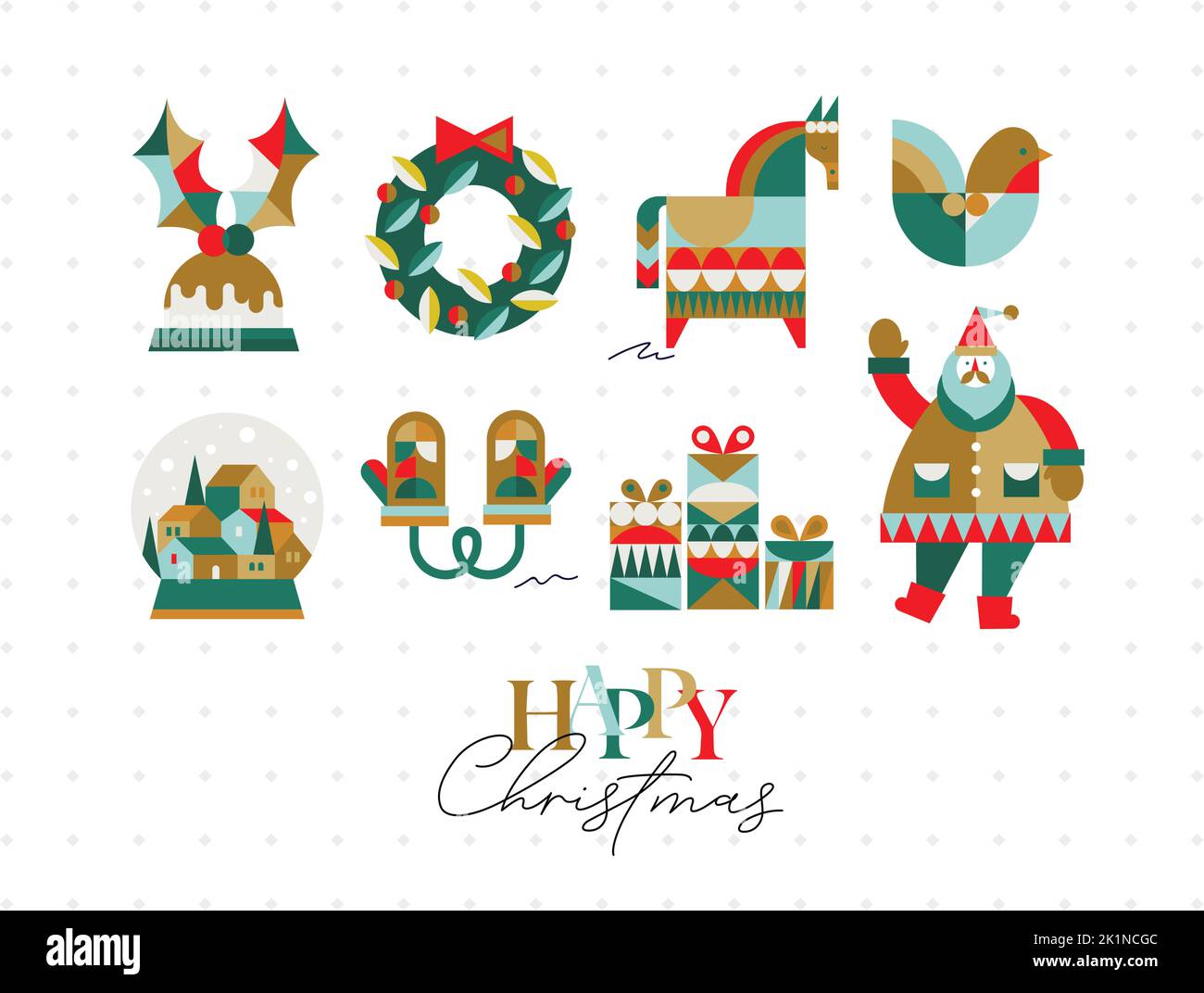 Set of Christmas symbols in cubism style gloves, wreath, gifts, winter ...