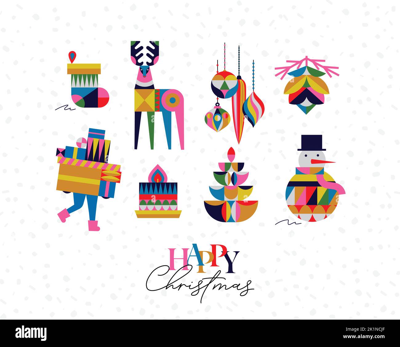 Set of Christmas symbols in cubism style sock, tree, cone, tree ...