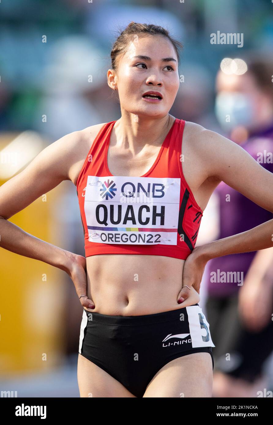 Thi Lan Quach of Vietnam competing in the women’s 400m hurdles at the World Athletics ...