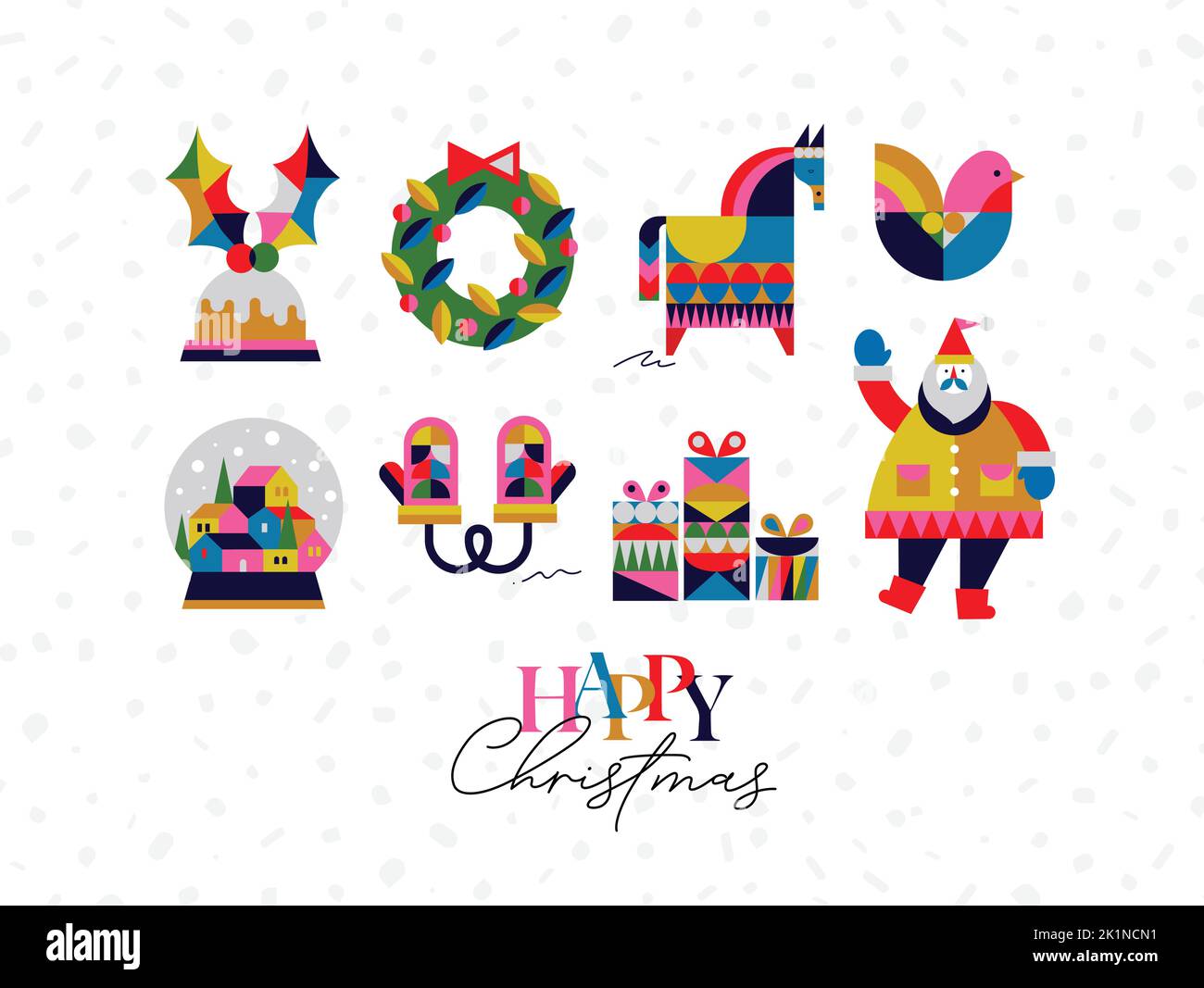 Set of Christmas symbols in cubism style gloves, wreath, gifts, winter ...