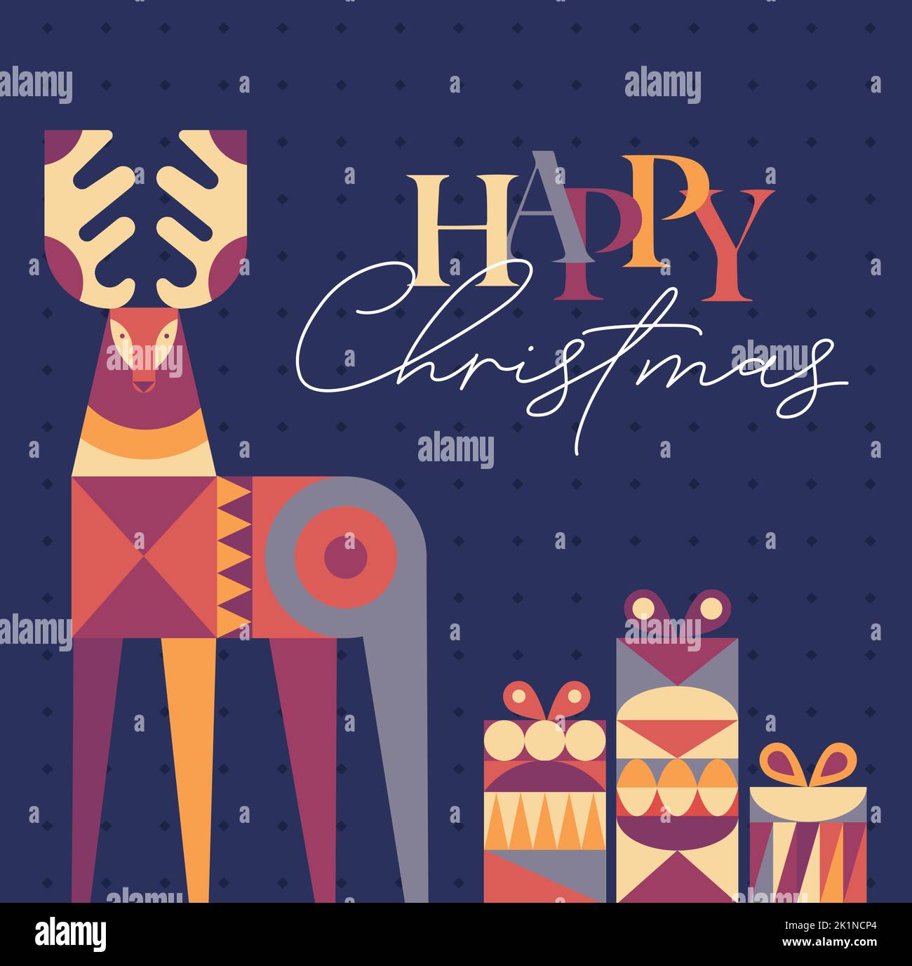 Poster deer and present box in cubism style with lettering happy ...