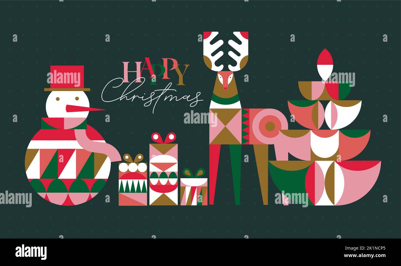 Poster snowman, present box, deer, tree lettering happy christmas in ...