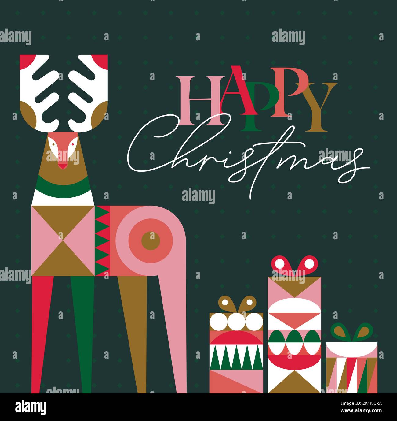 Poster deer and present box in cubism style with lettering happy ...