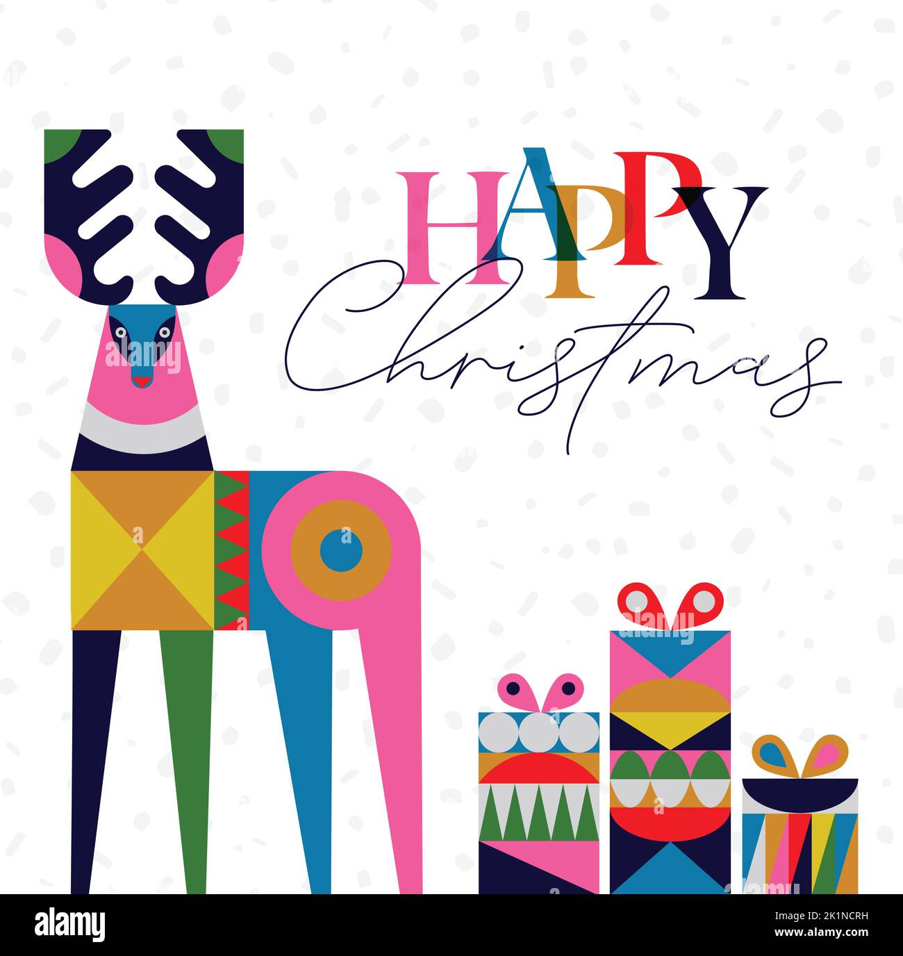 Poster deer and present box in cubism style with lettering happy ...