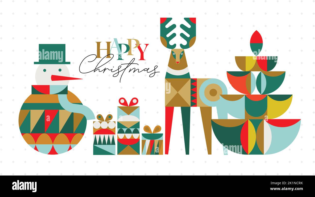 Poster snowman, present box, deer, tree lettering happy christmas in ...