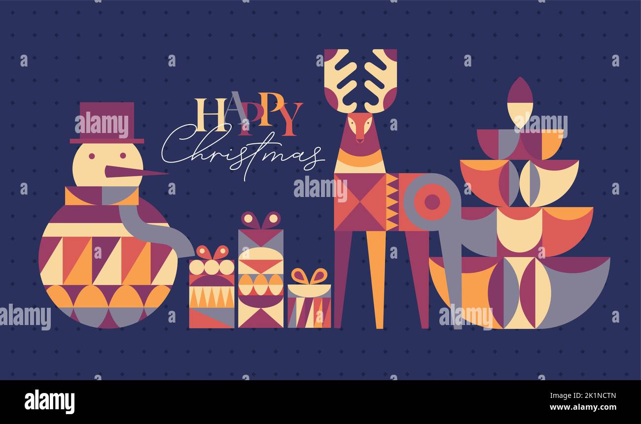 Poster snowman, present box, deer, tree lettering happy christmas in ...