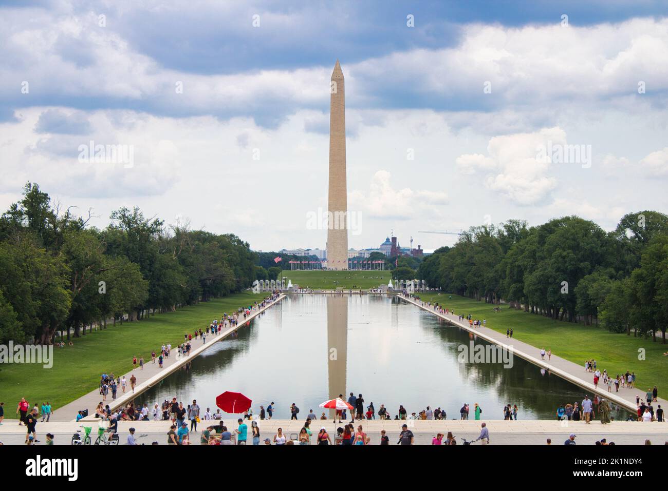 View of the Washington Monument reflected in the Reflecting Pool on an ...