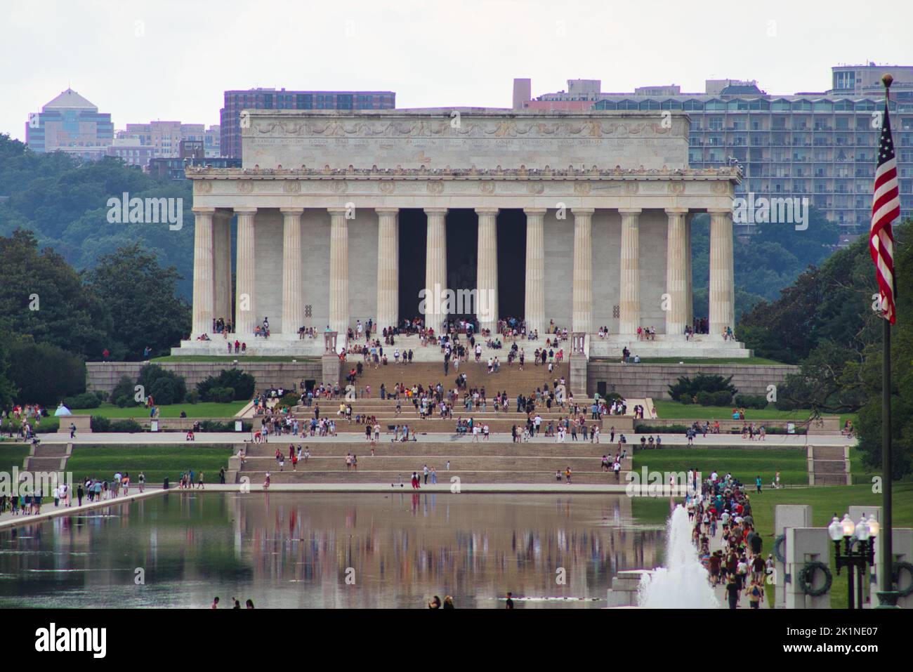 View of crowds congregating around the Lincoln Memorial from across ...