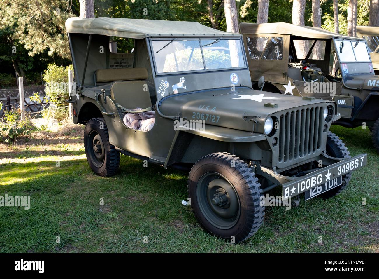 78. Front on viewof an ex-US army military jeep on display at a World ...