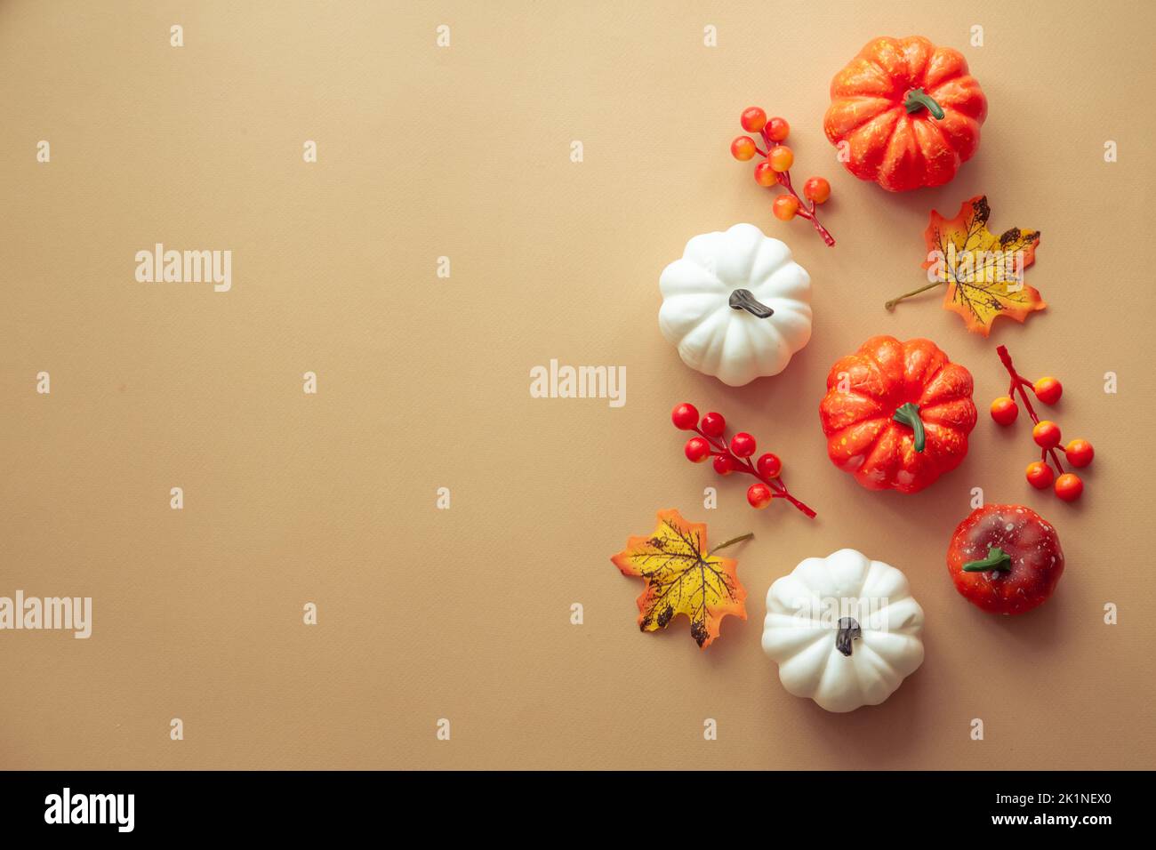 Fall autumn flat lay background. Pumpkins and fall leaves Stock Photo ...