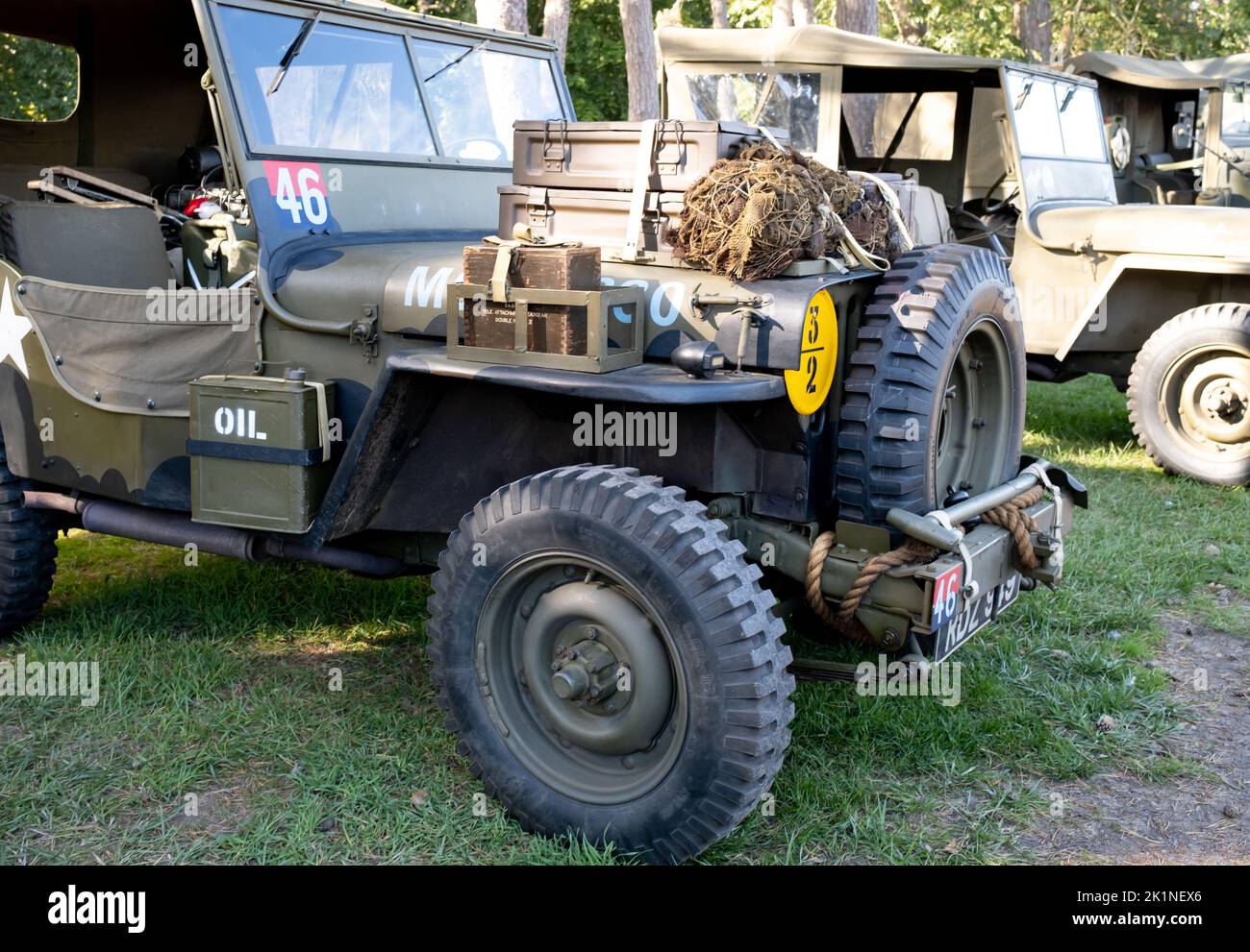 80. Front on viewof an ex-US army military jeep on display at a World ...