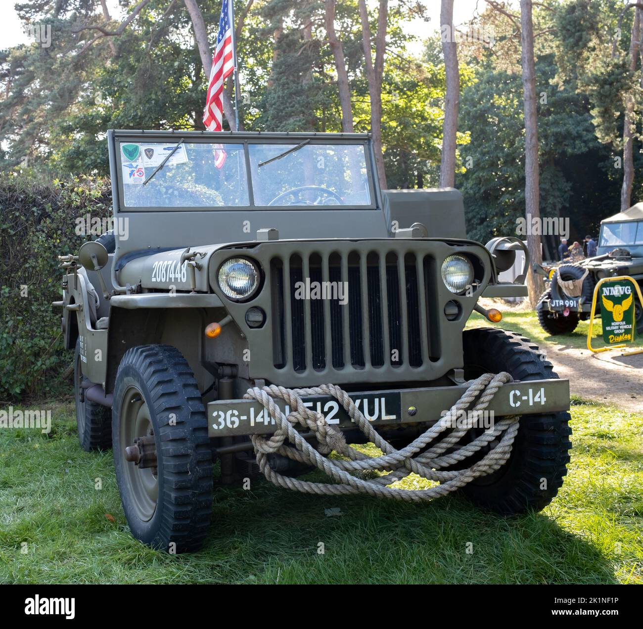86. Front on viewof an ex-US army military jeep on display at a World ...