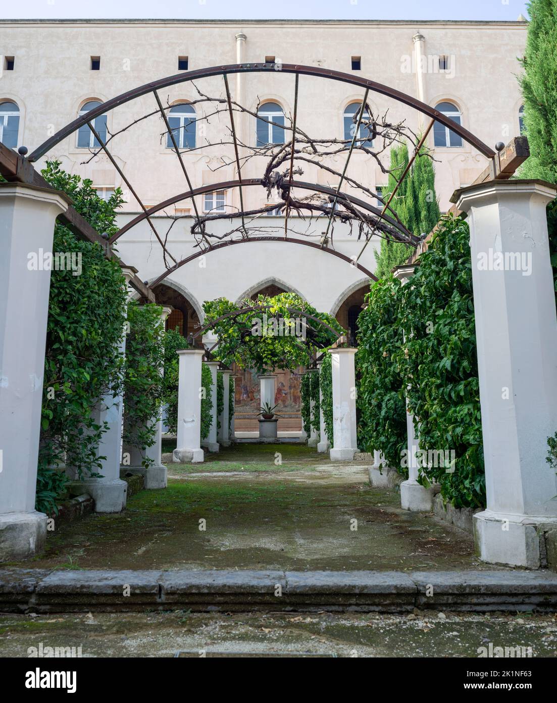 Columns of the Cloister garend of St. Chiara Monastery in Naples, Italy ...