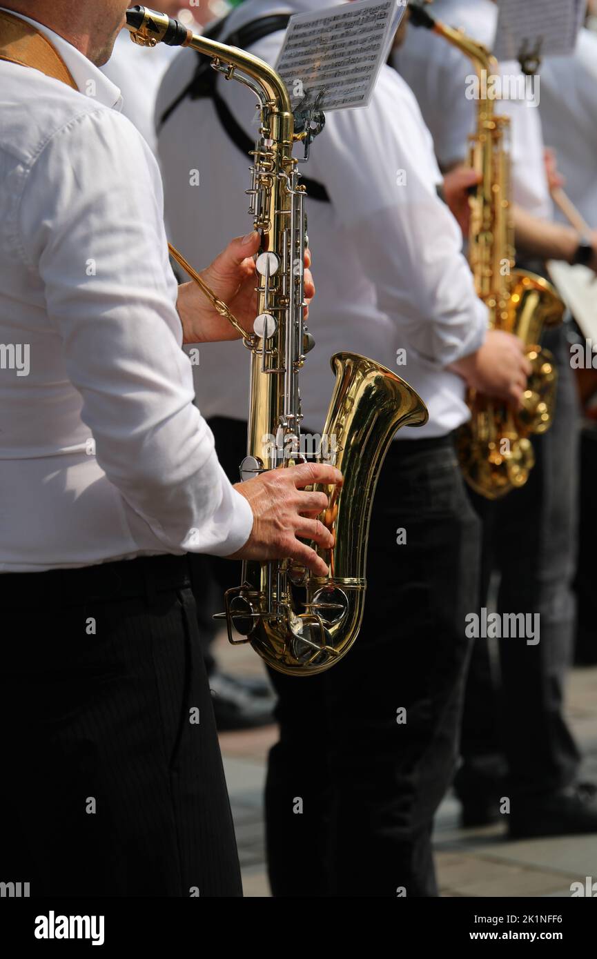 sax player of the band during the musical event in the town square, not ...