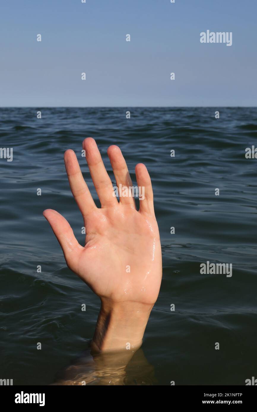 hand in the water of sea of a person who is drowning and seeks help ...