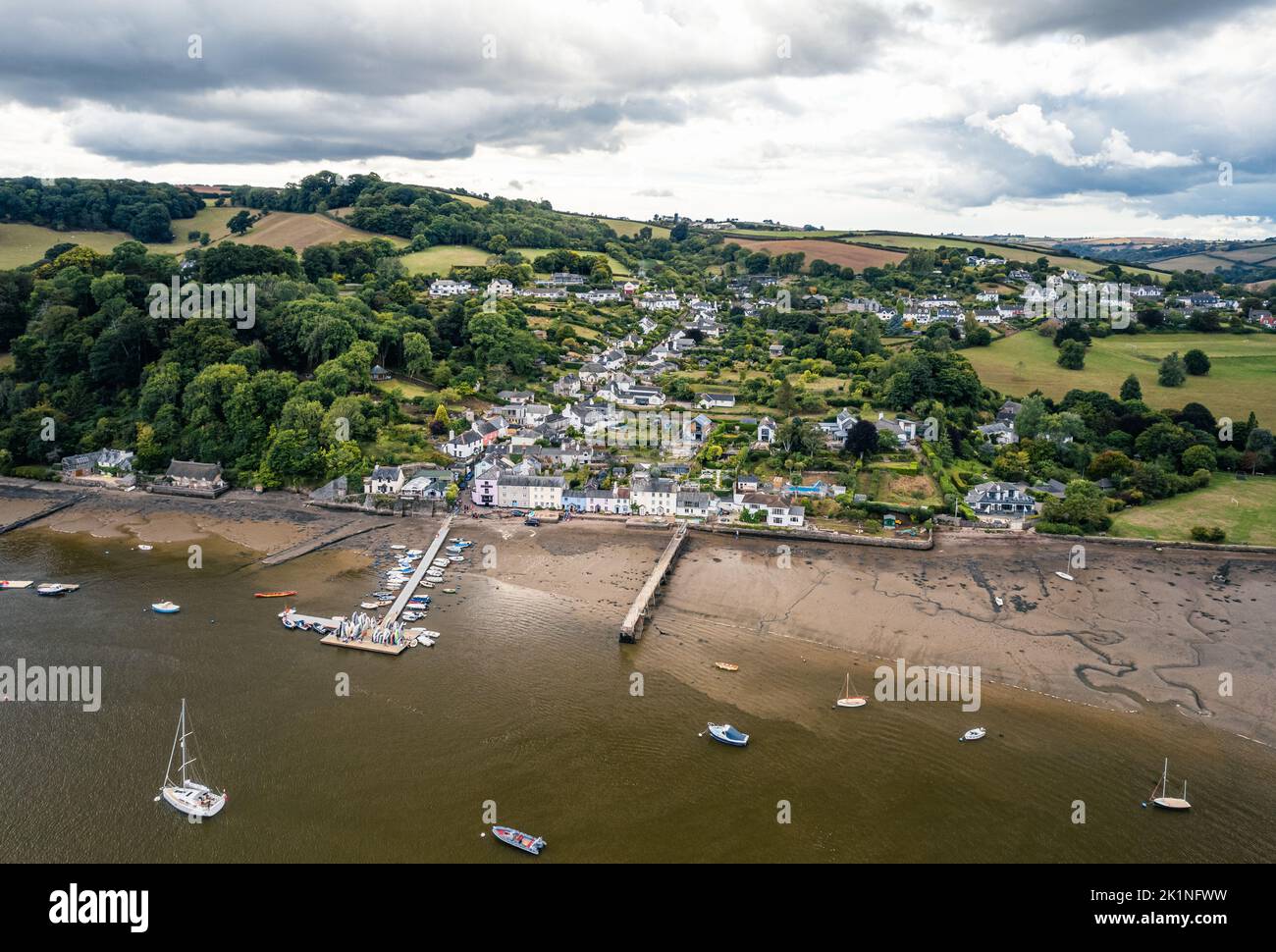 Top Down over Greenway, Dittisham and River Dart from a drone, Devon ...