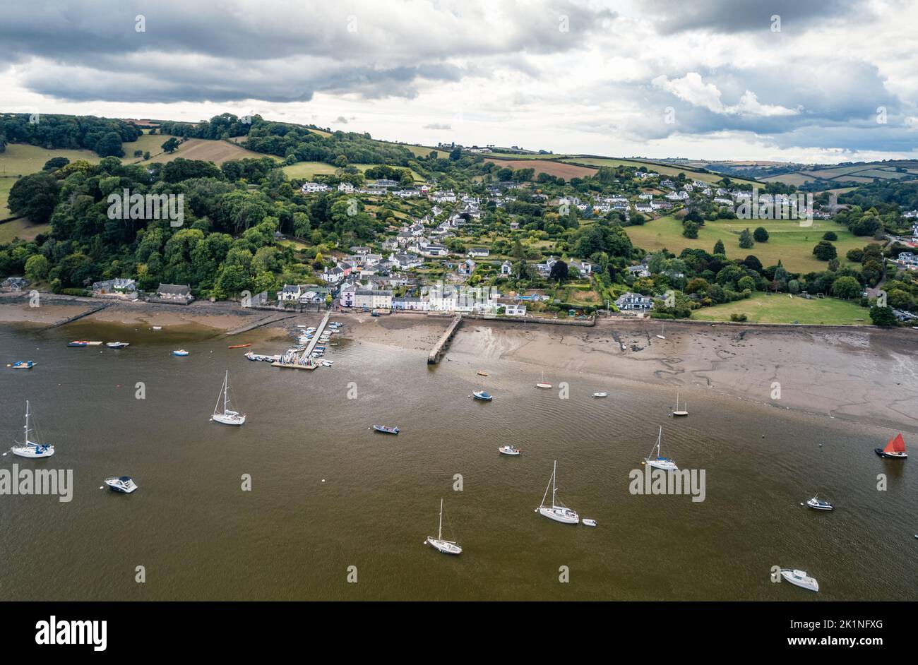 Top Down over Greenway, Dittisham and River Dart from a drone, Devon ...