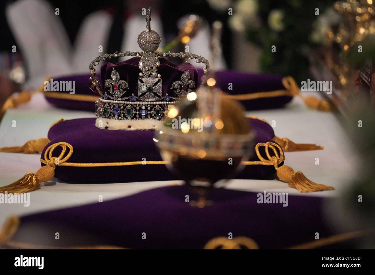 The Imperial State Crown, and orb and sceptre on the high altar during ...