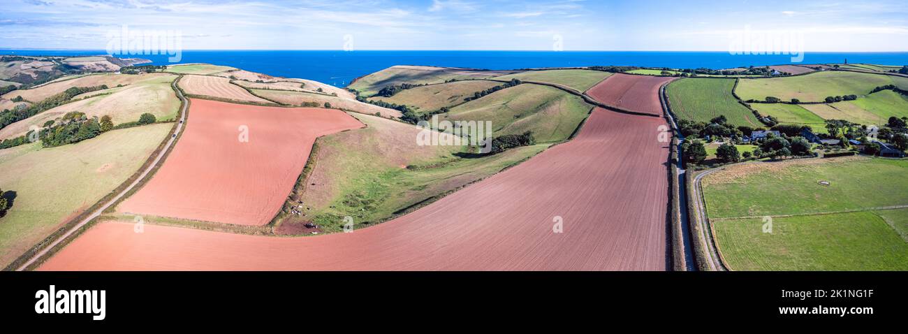 Top Down Fields and farmlands from a drone, Devon, England, Europe ...