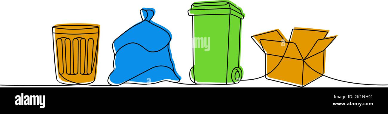 Set of garbage one line colored continuous drawing. Trash can, garbage ...