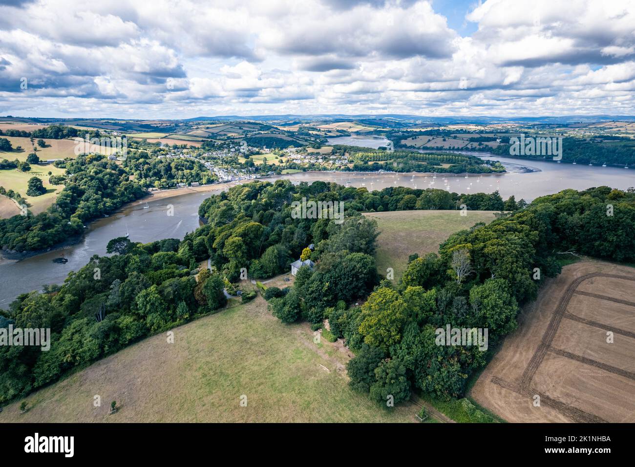 Top Down over Greenway, Dittisham and River Dart from a drone, Devon ...