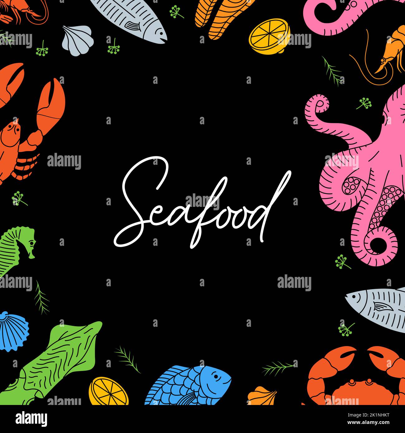 Seafood banner design. Sea food colored line sketch. Marine delicacy ...