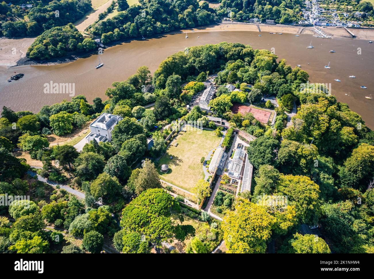 Top Down over Greenway, Dittisham and River Dart from a drone, Devon ...