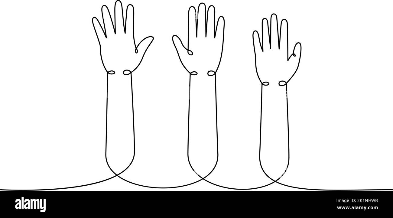 Hands up one line continuous drawing. Teamwork, collaboration ...