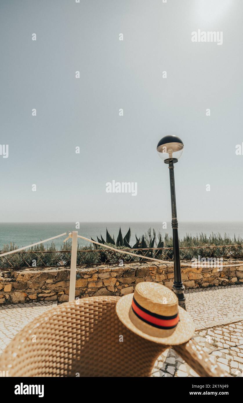 A vertical wide-angle shot with a selective focus on a straw hat laying ...