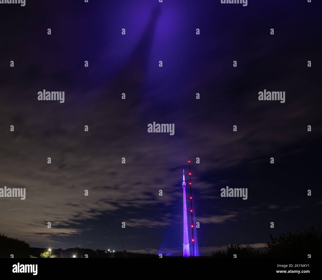 Emley Moor Transmitting Tower is lit up purple as a tribute to HRH ...