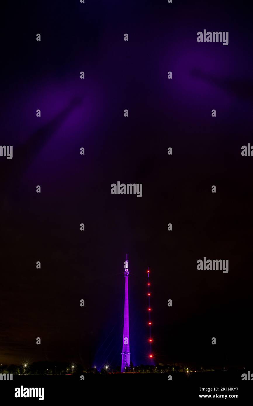 Emley Moor Transmitting Tower is lit up purple as a tribute to HRH ...