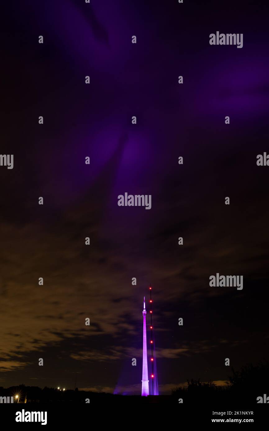 Emley Moor Transmitting Tower is lit up purple as a tribute to HRH ...