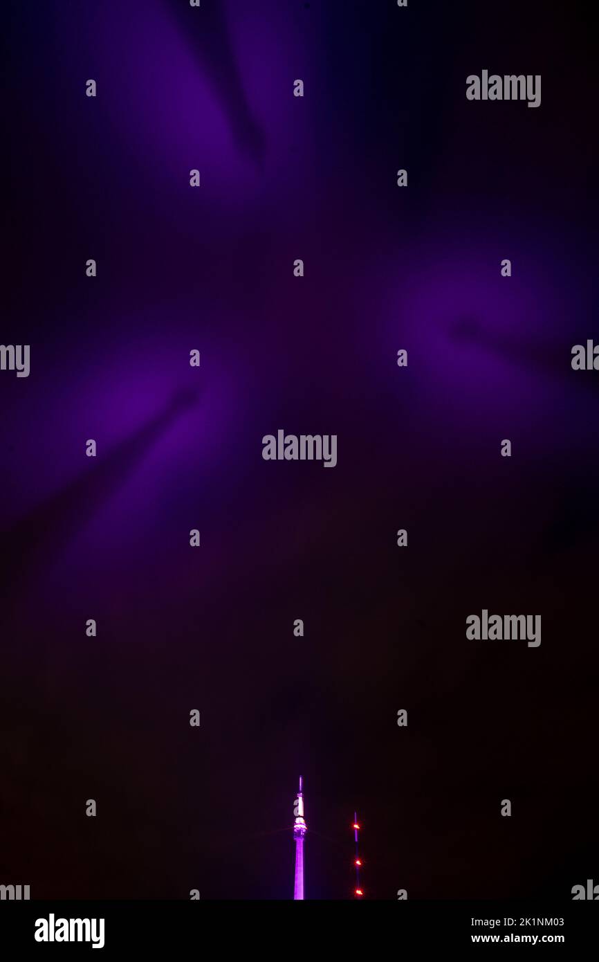 Emley Moor Transmitting Tower is lit up purple as a tribute to HRH ...