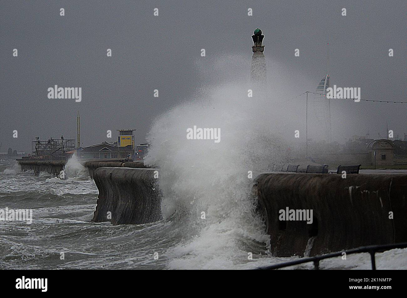 Huge waves break over the promenade at Southsea, Hants Pic Mike Walker ...