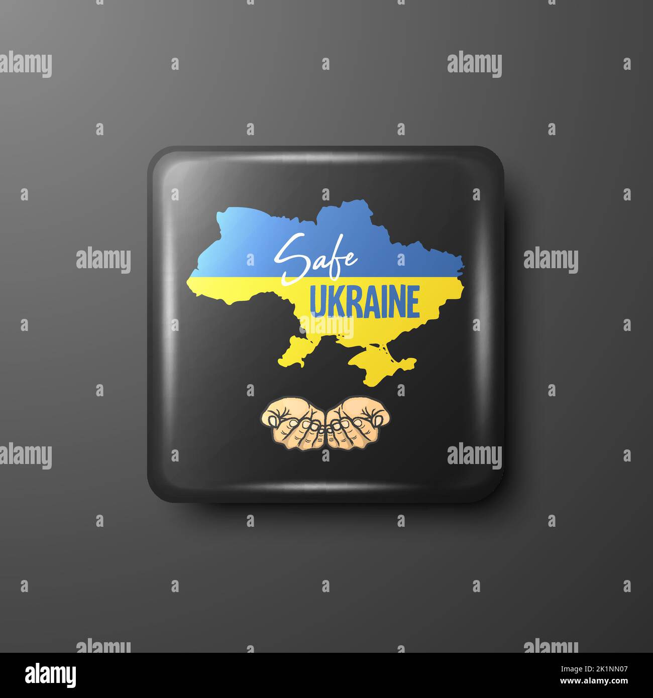 Safe Ukraine. Palms with Ukranian Map and Flag. Button Pin Badge with ...