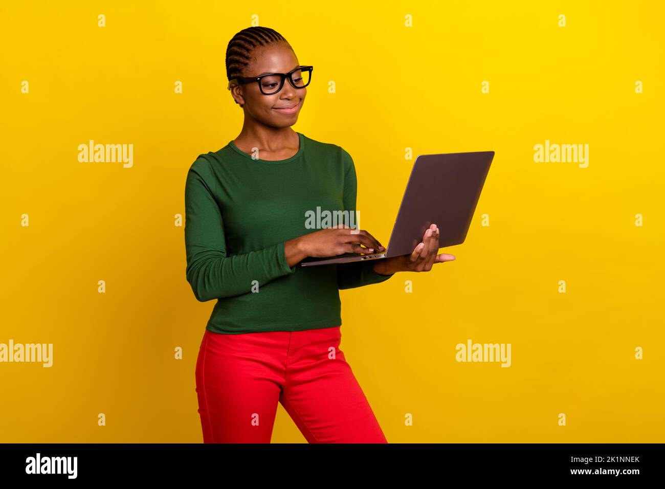 Photo of shiny pretty young lady dressed green shirt eyewear chatting ...