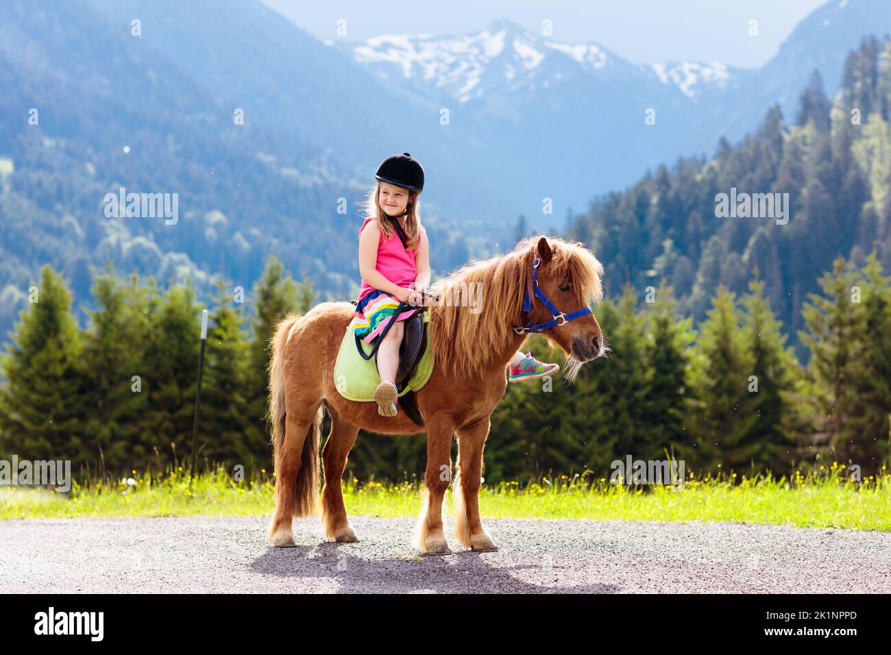 Kids riding pony in the Alps mountains. Family spring vacation on horse ...