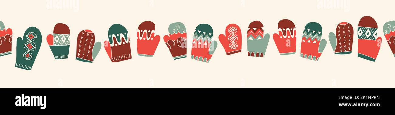Colorful Retro Knitted Mittens Vector Seamless Pattern Border Stock ...