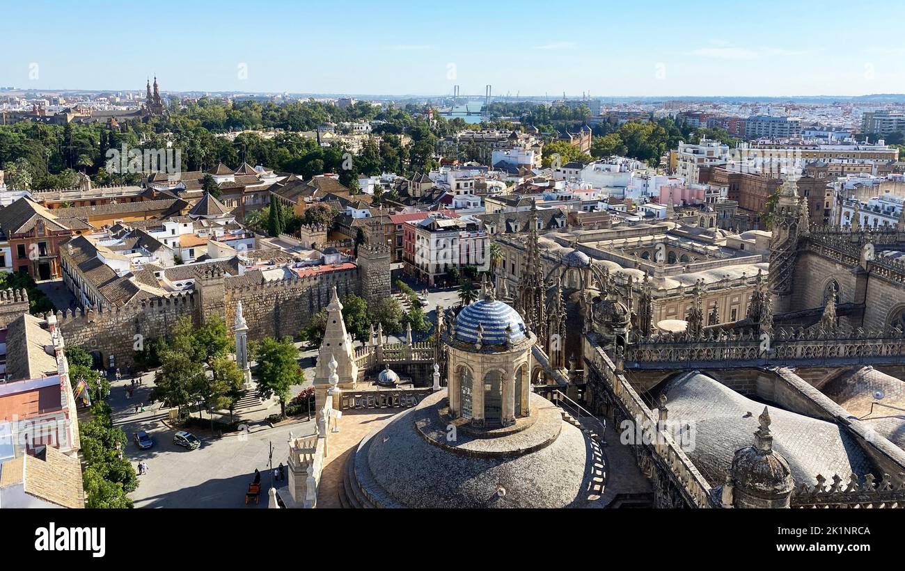 aerial view of Sevilla from La Giralda tower with Real Alcazar and ...