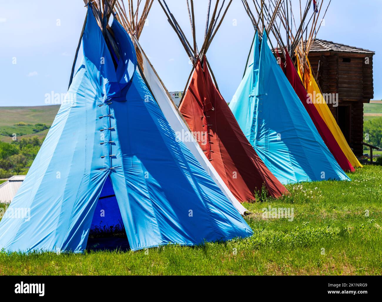 Colorful native American teepees near the Little Bighorn Battlefield ...