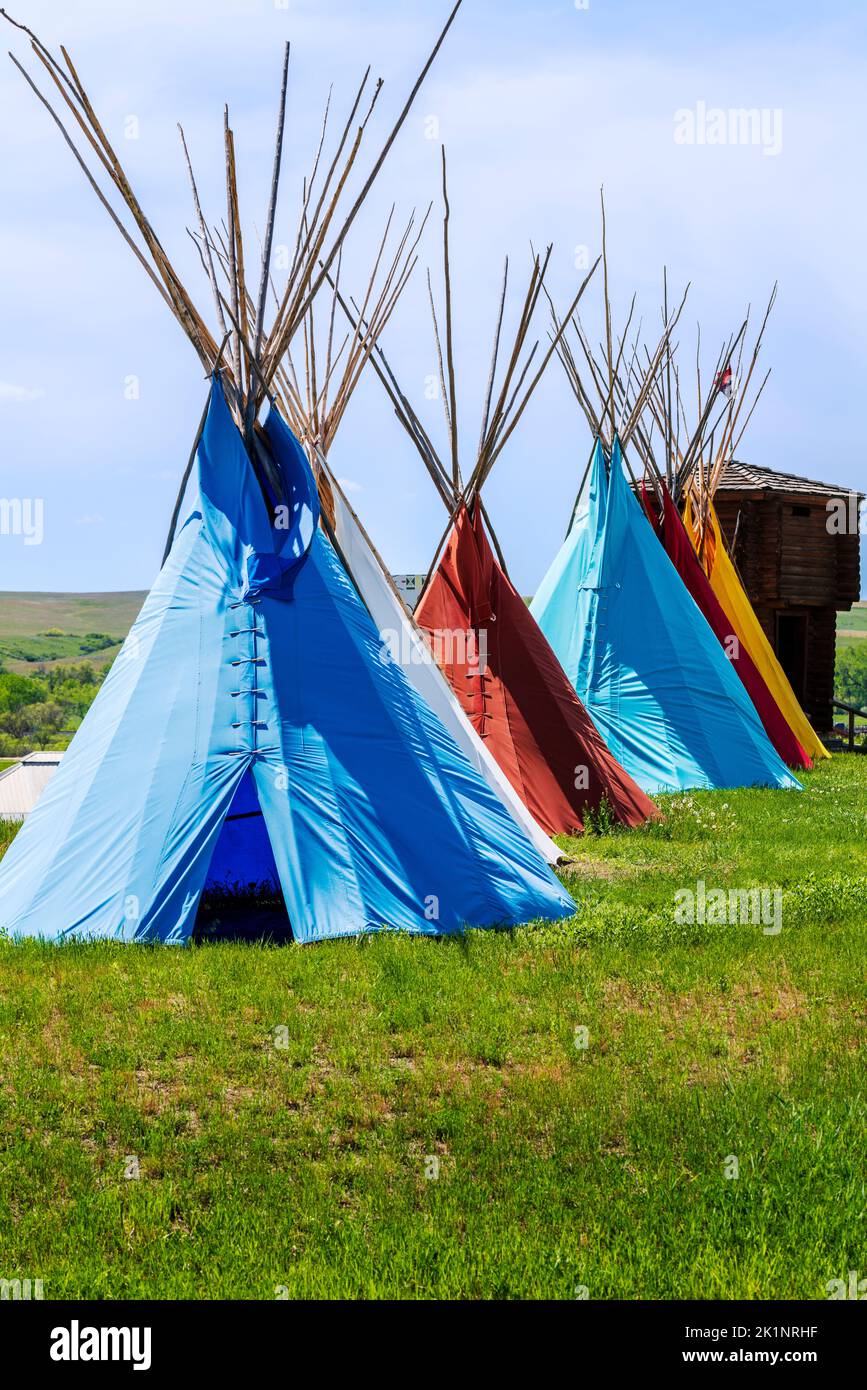 Colorful native American teepees near the Little Bighorn Battlefield ...