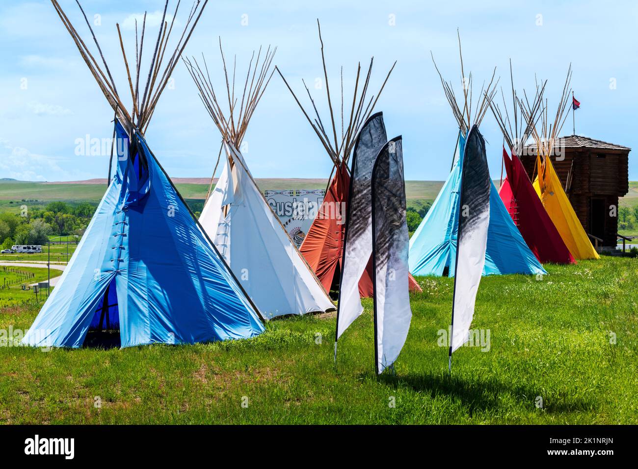 Colorful native American teepees near the Little Bighorn Battlefield ...