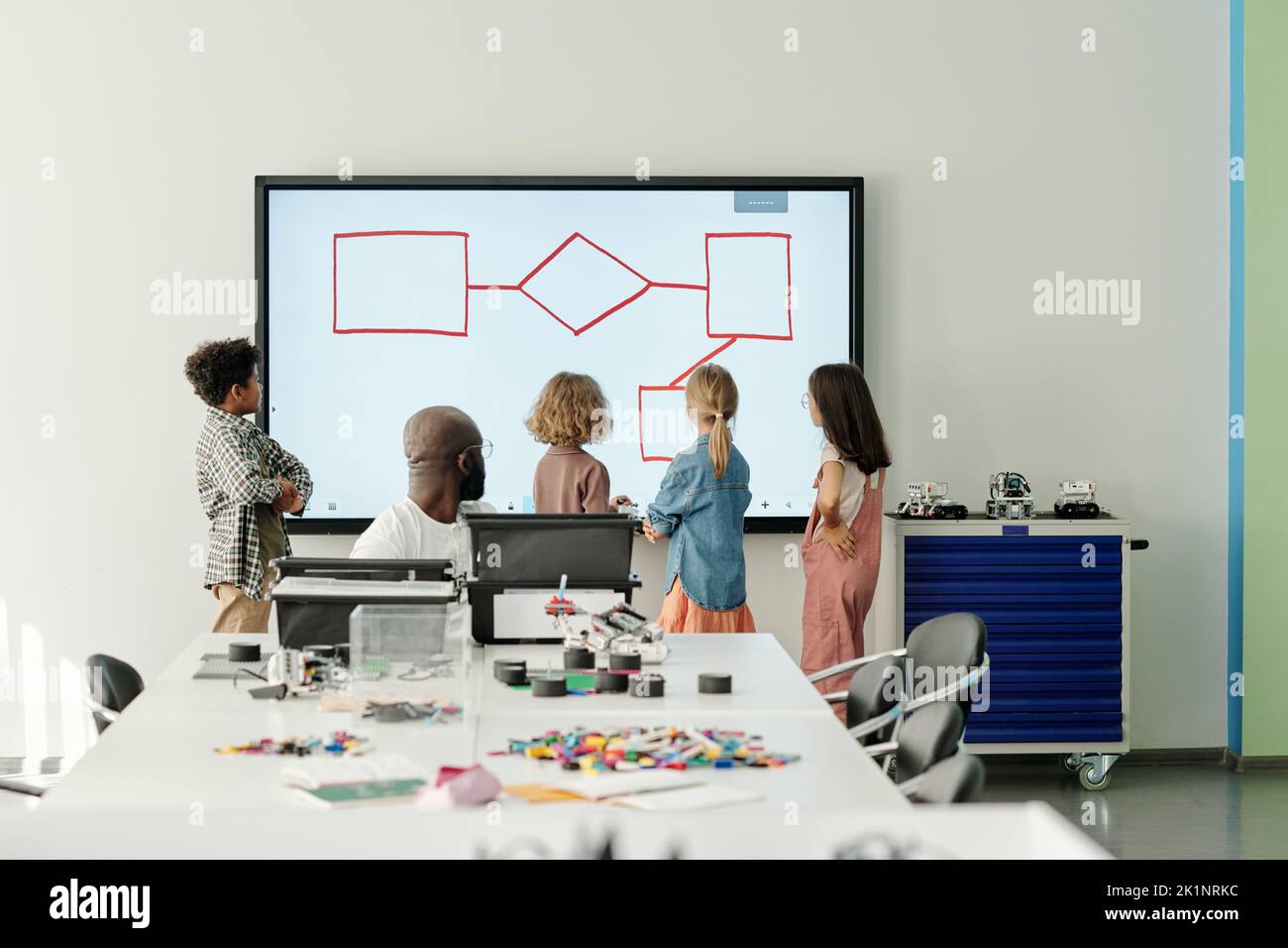 Group of youthful learners standing in front of whiteboard with drawn ...