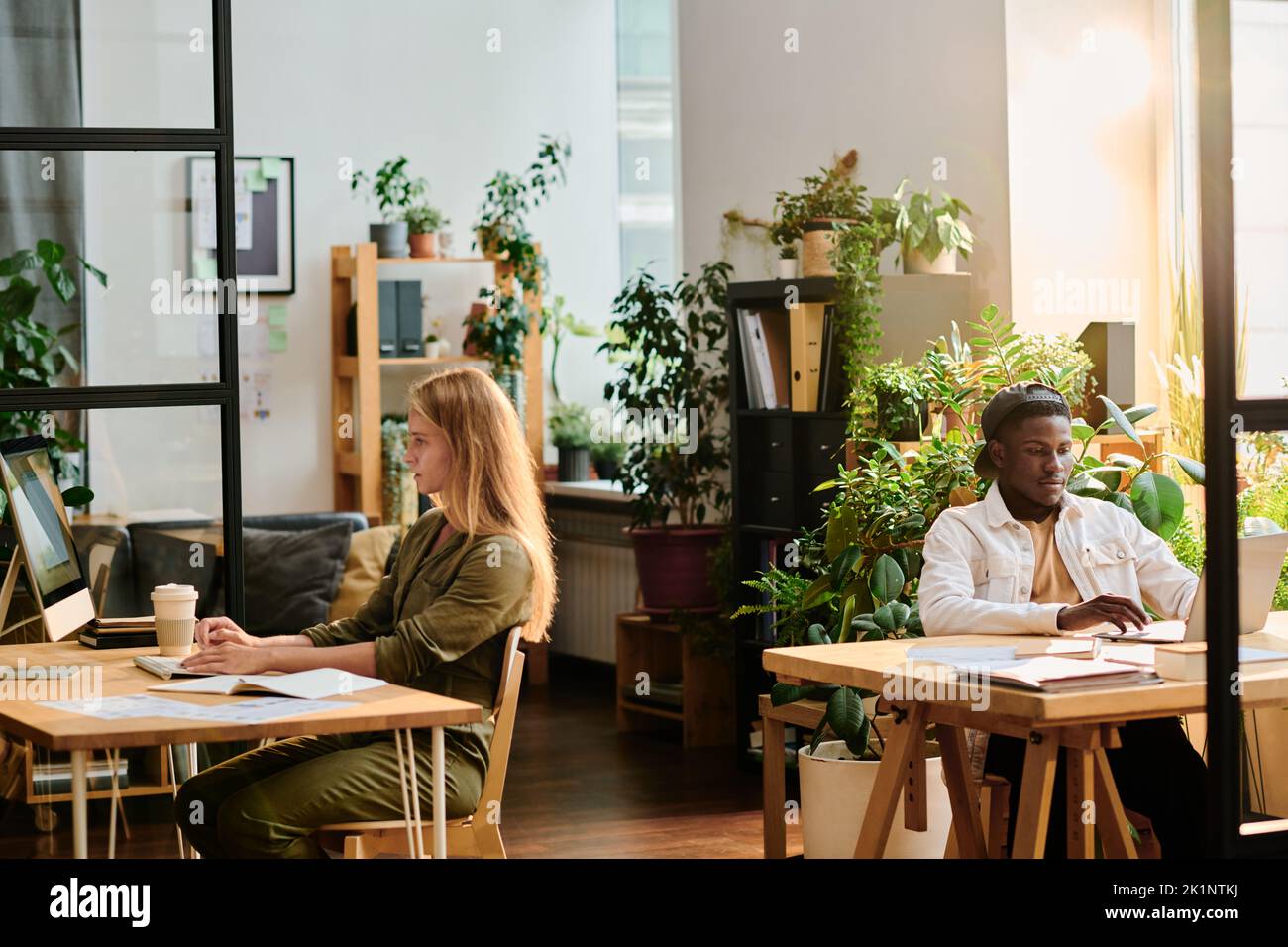 Two young intercultural designers working in front of computers while sitting by desks in ...