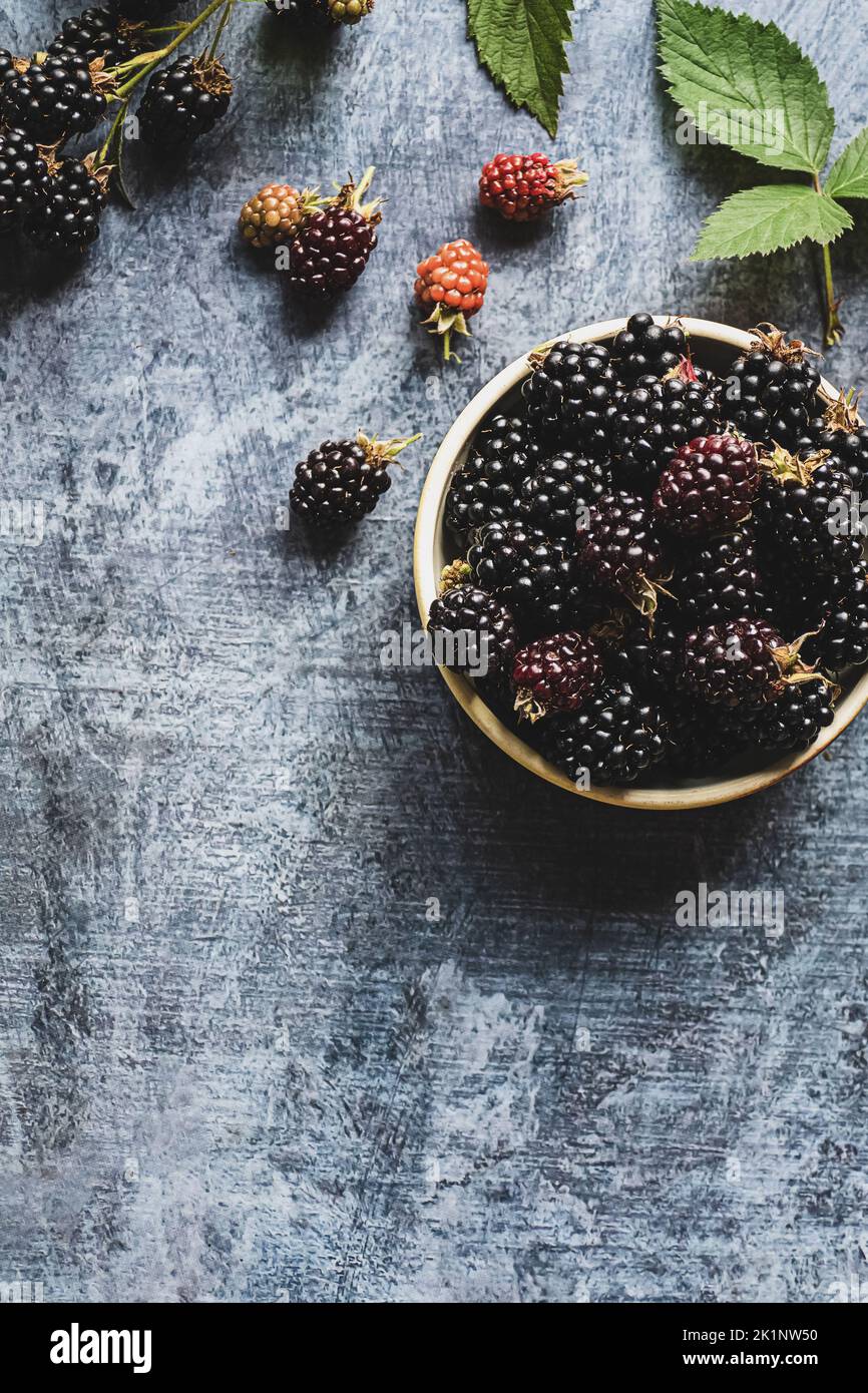 Blackberries flat lay, copy space, summer fruits background, ripe ...