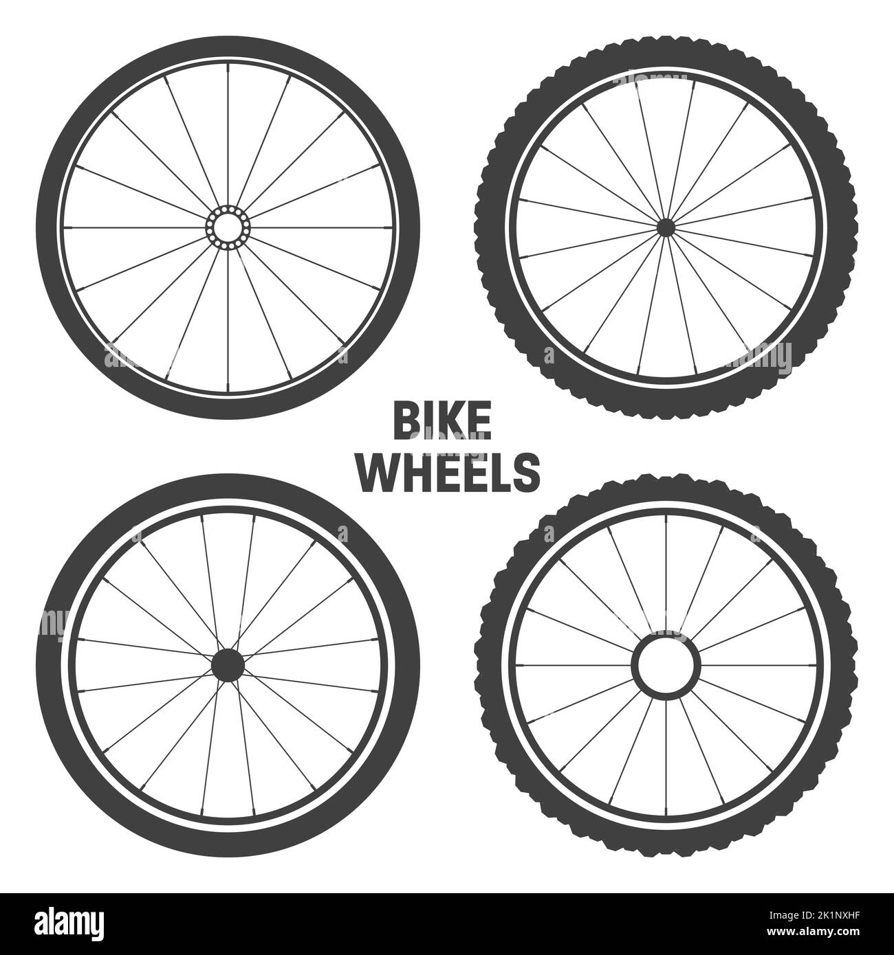 Black bicycle wheel symbols collection. Bike rubber tyre silhouettes ...