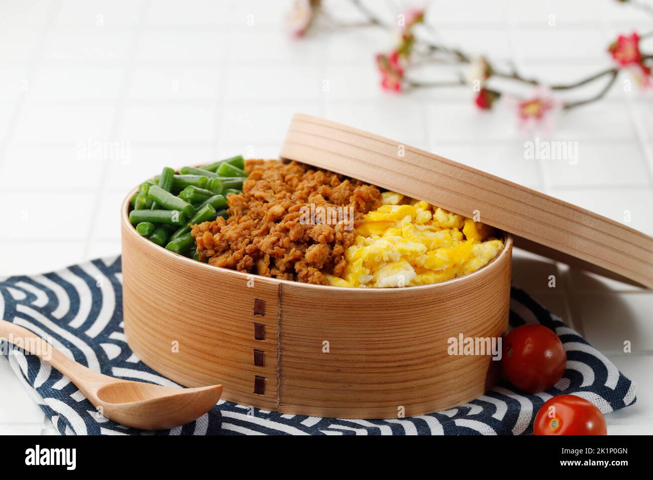 Three Color Japanese Rice Lunchbox with Stir Fry Minced Chicken, Boiled ...