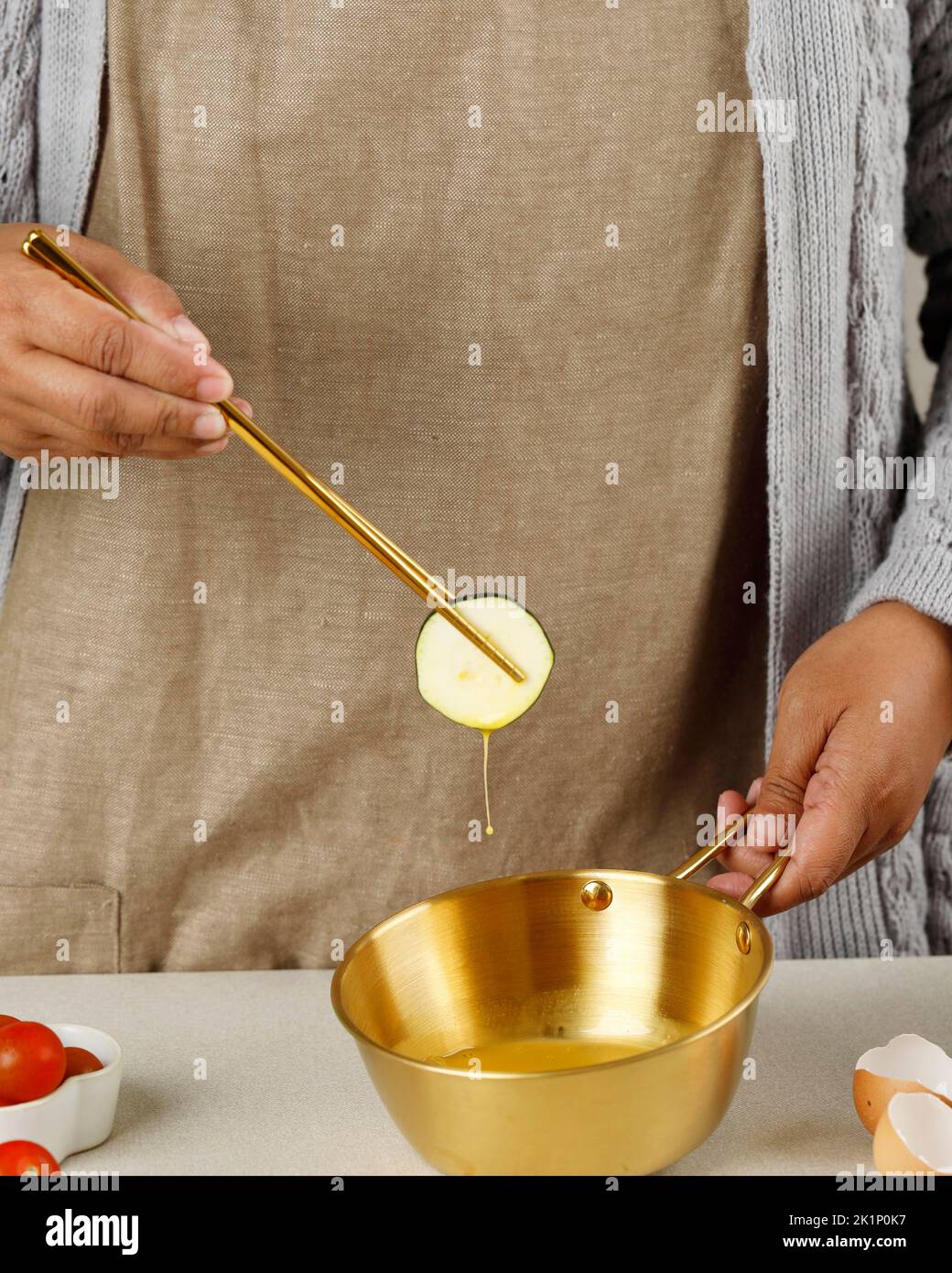 Process Making Hobak Jeon Korean Green Zucchini Pancake. Coating Sliced ...